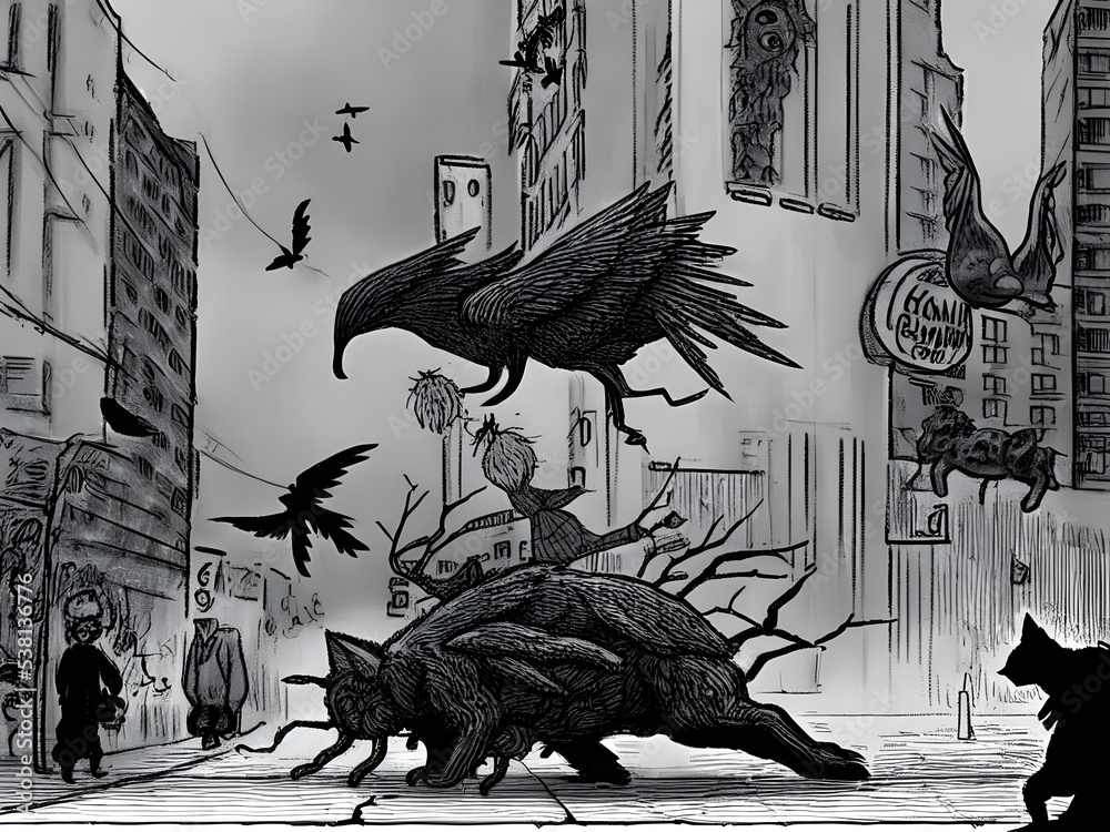 Mutated cat alien and huge crow raven walking the street of a modern ...