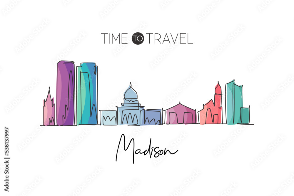 One single line drawing of Madison city skyline, Wisconsin. Historical ...