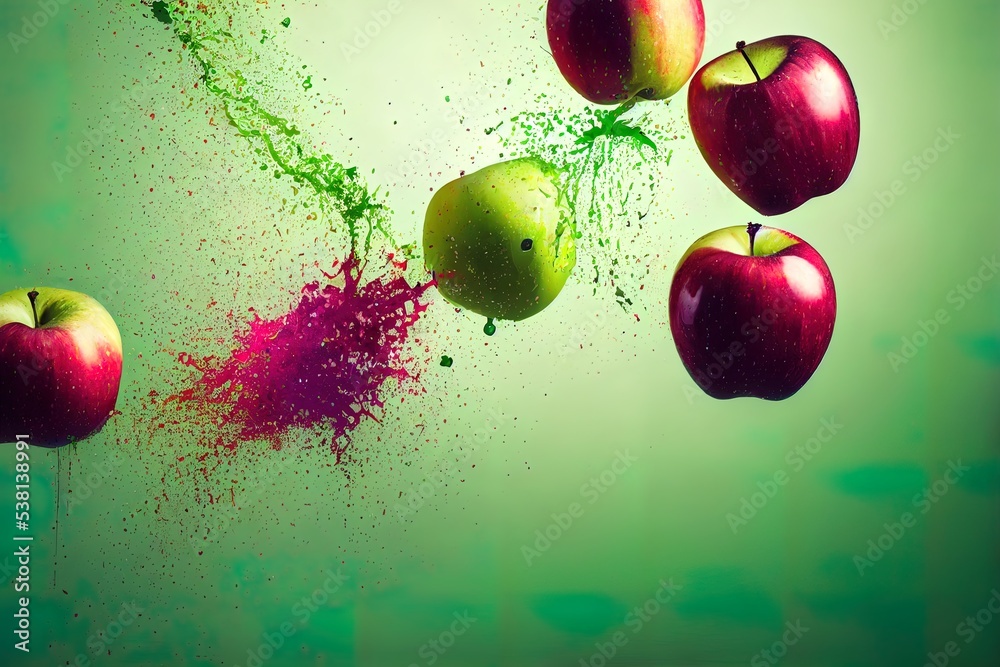 Sweet apple golden juice explosion, splash through flying fruits ...