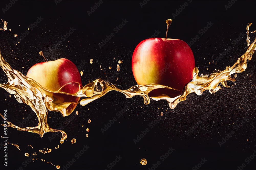 Sweet apple golden juice explosion, splash through flying fruits ...