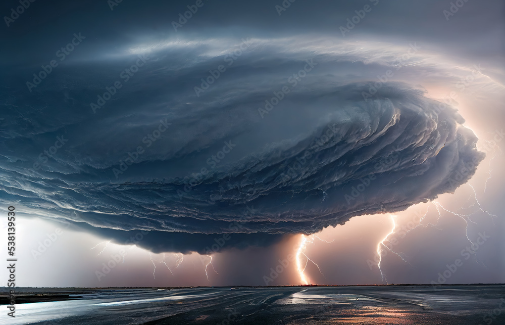 dramatic and powerful tornado. Lightning thunderstorm flash over the ...