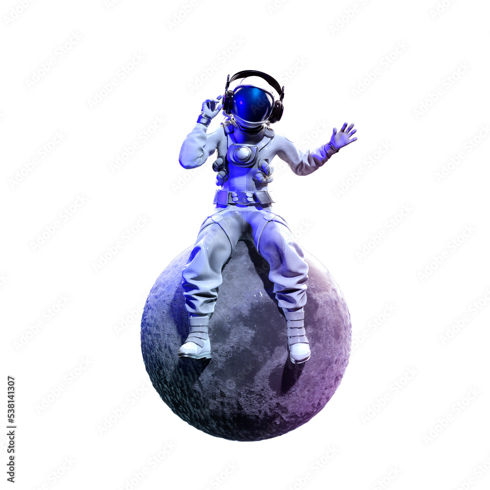 Astronaut sitting on the moon listening to music from headphones, 3d ...