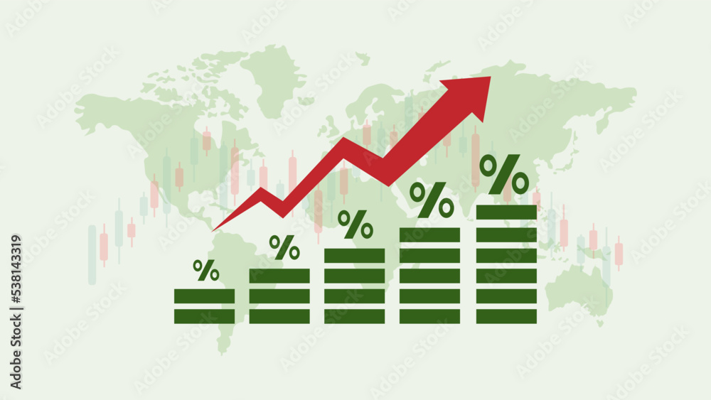 Inflation background worldwide with red upward arrow and percentage ...