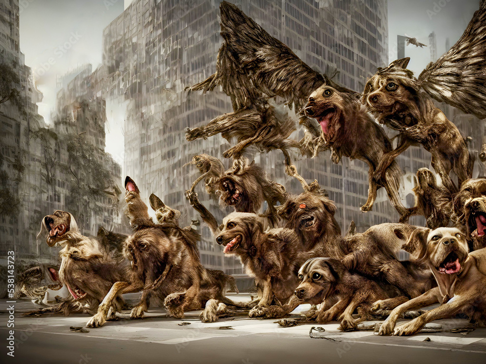 Dogs flying with wings and on the ground in a huge stampede over a ...