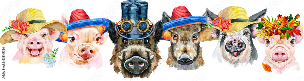 Border from pigs. Watercolor portraits of pigs and boars Stock ...