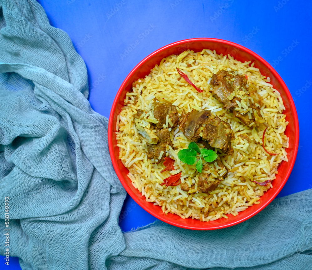 Delicious mutton biryani top view.Biryani rice dish Beautiful Indian ...