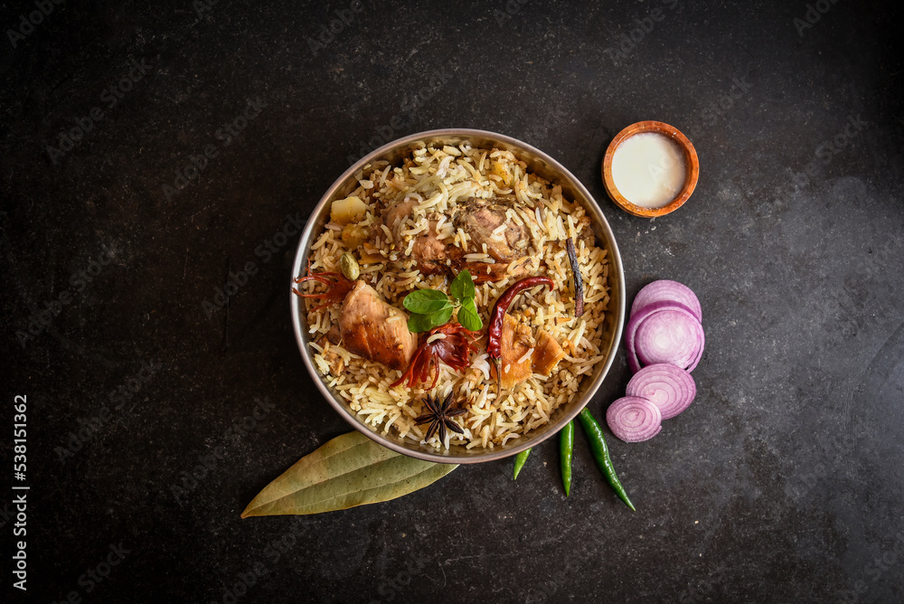 Delicious mutton biryani top view.Biryani rice dish Beautiful Indian ...