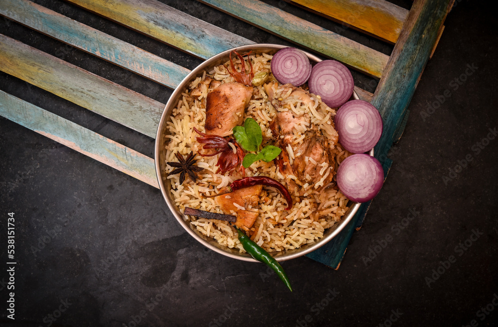 Delicious mutton biryani top view.Biryani rice dish Beautiful Indian ...