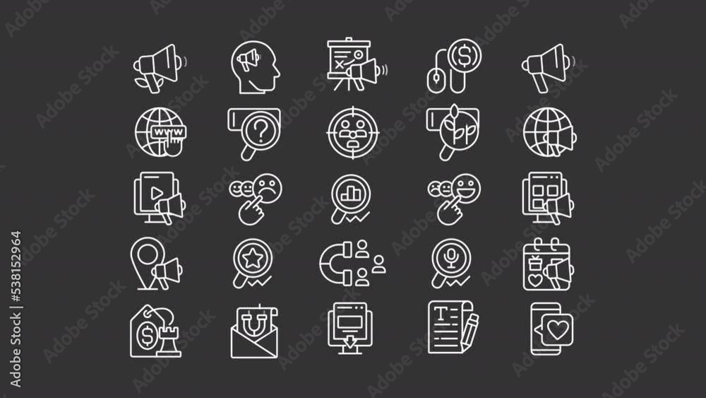 Animated promo white line icons set. Marketing. Promotion. Social media ...