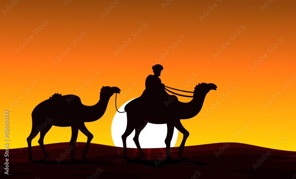 vector illustration of a camel caravan going through the desert Stock ...