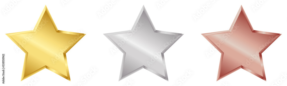 Gold, silver, bronze stars set. 3D vector metal elements isolated on ...