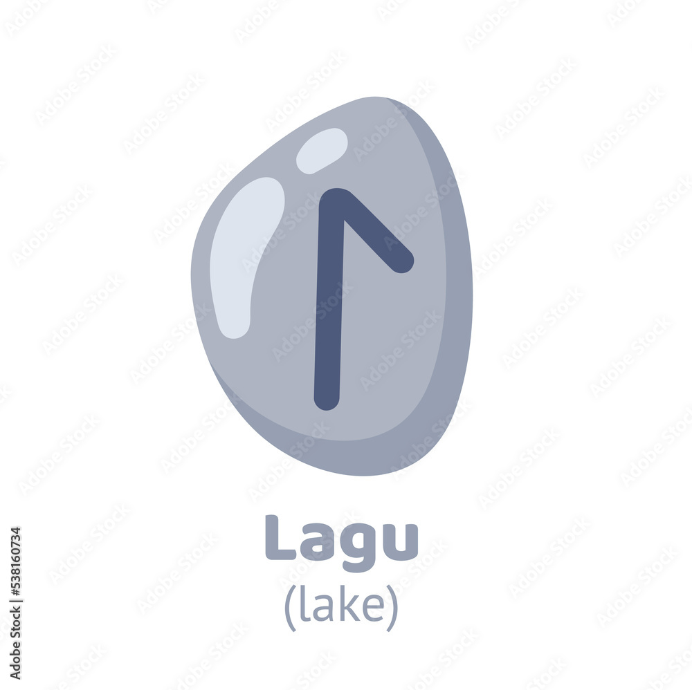 Lagu (lake) rune, runic inscription engraving on grey stone. Magic ...