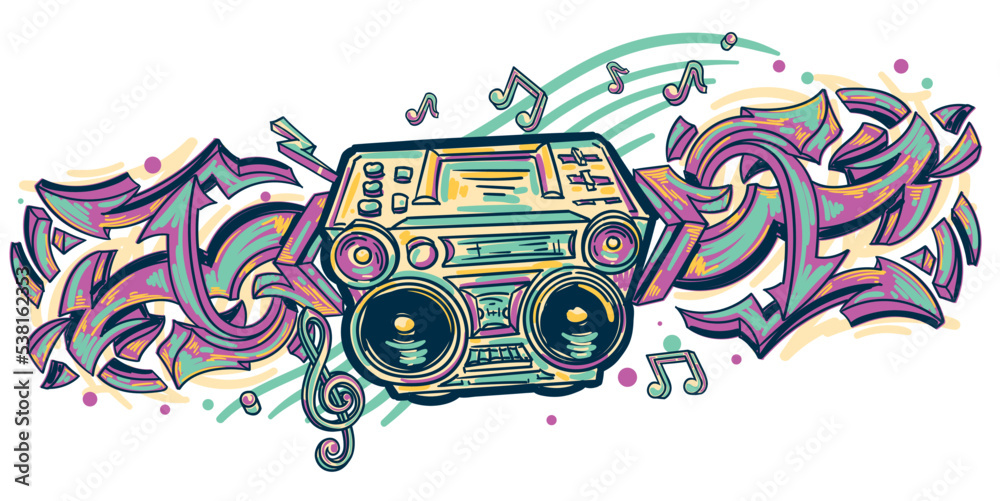 Music design - colorful drawn boom box tape recorder with clef, musical ...
