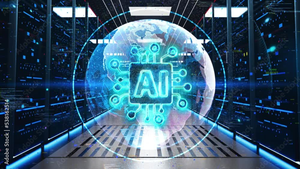 Artificial Intelligence AI Icon Moving Through Rack Servers in Data ...