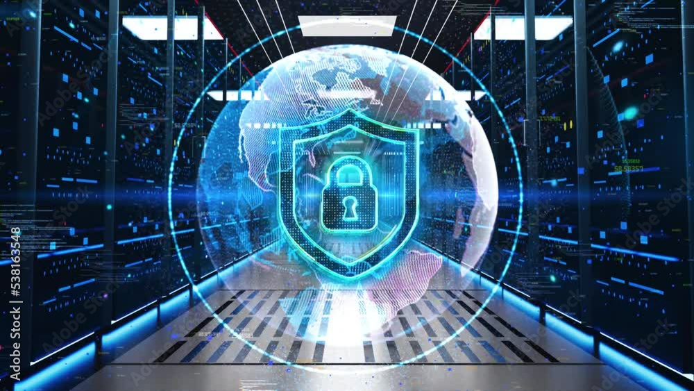 Shield Cyber Security Icon Moving Through Rack Servers in Data Center ...