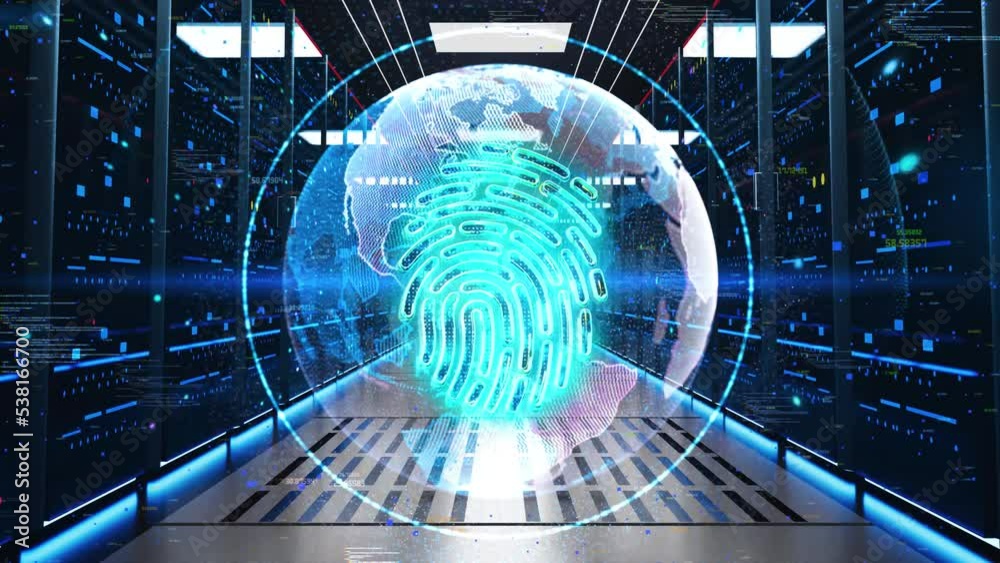 Fingerprint Icon Moving Through Rack Servers in Data Center. Concept of ...
