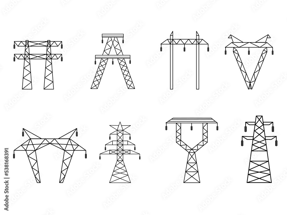 Supports of the high-voltage power grid. Vector illustration of utility ...