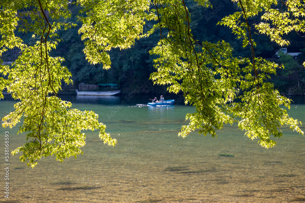 View through the trees of a calm cozy river in Japan, where a rowboat ...
