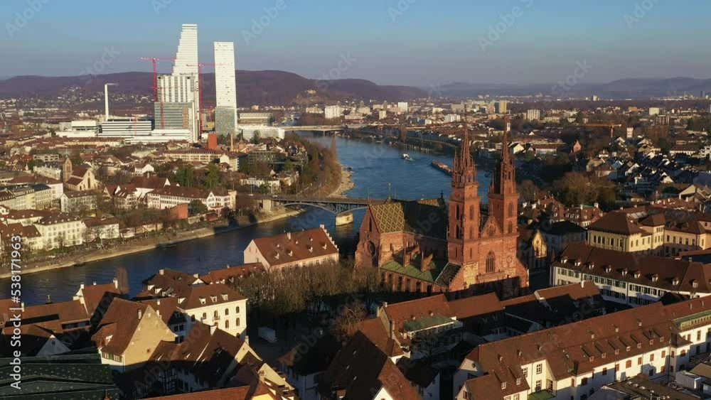Basel, Switzerland: Aerial drone footage of the Basel cathedral, the ...