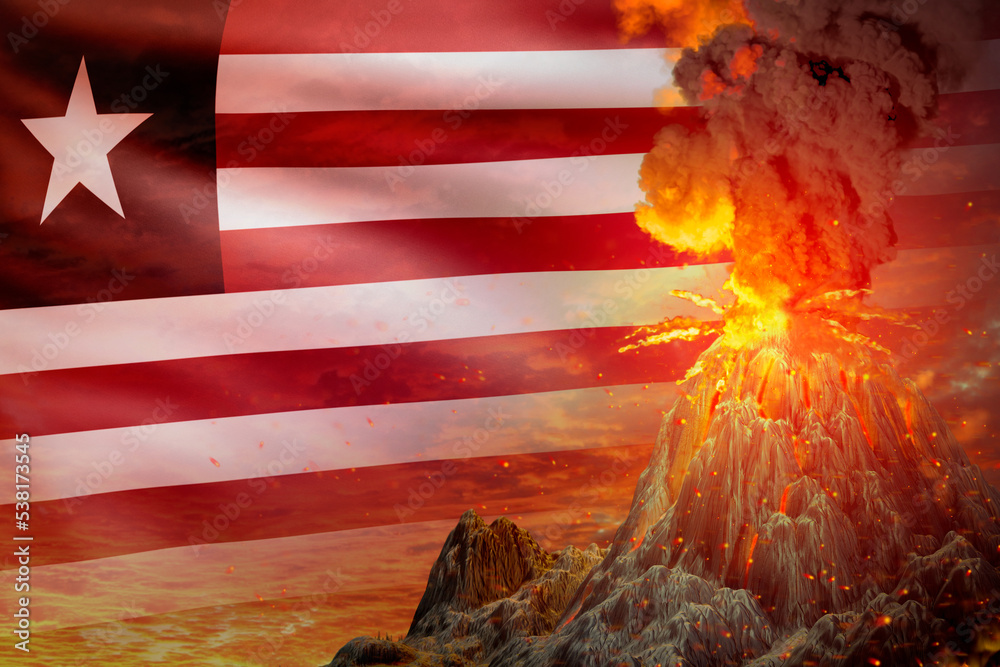 conical volcano eruption at night with explosion on Liberia flag ...