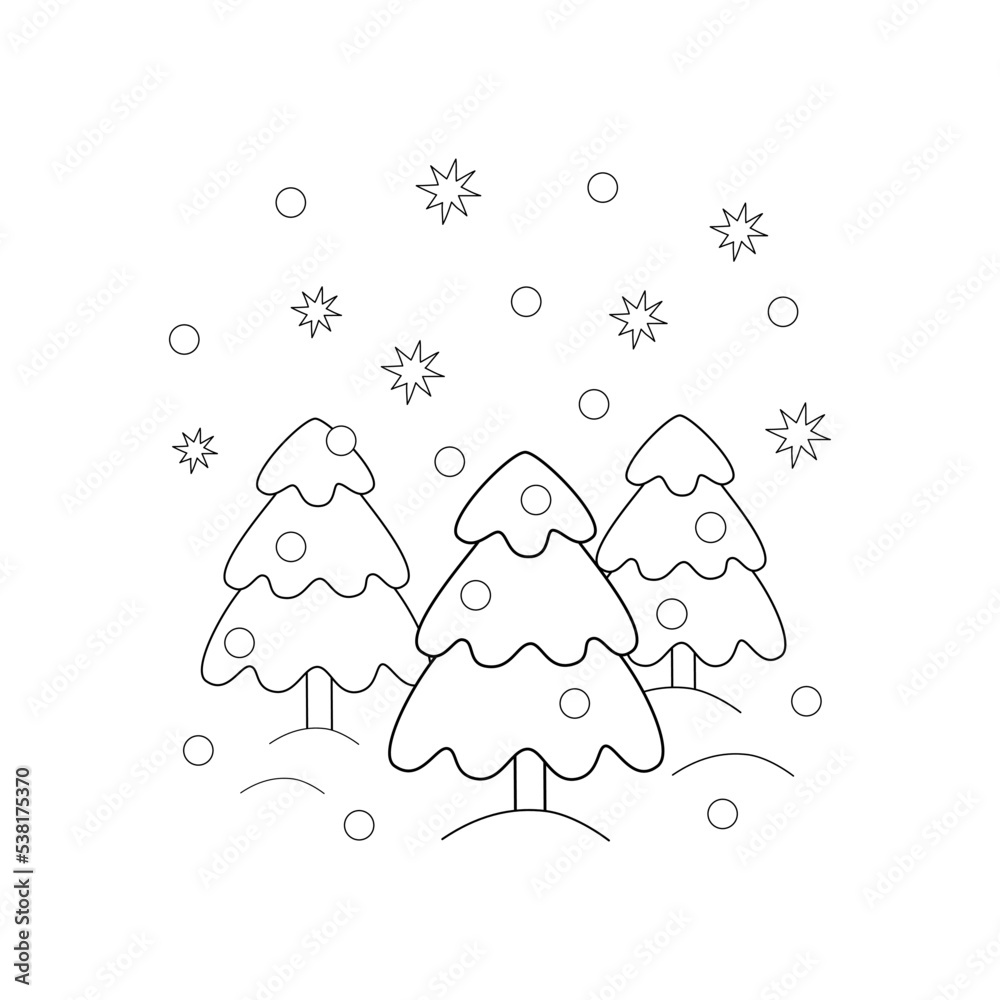 Kids coloring page with fir trees and snow. Winter illustration with ...