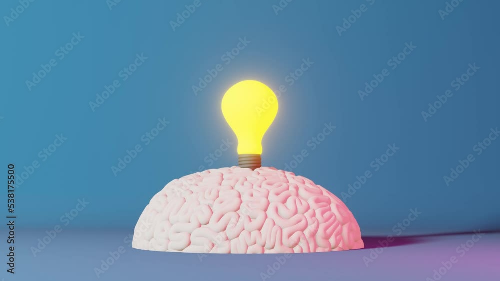 Human brain yellow light bulb neon background 3d animation. Creative ...