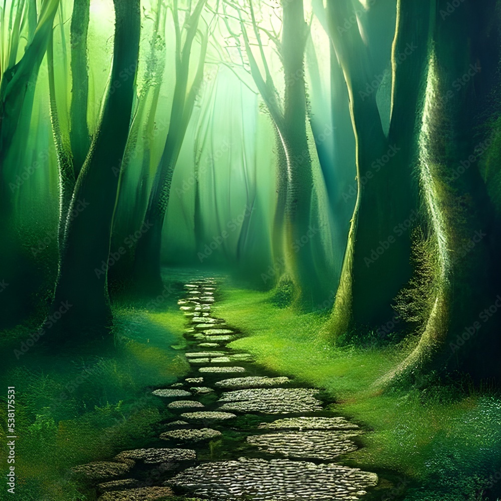 Pathway through a fantasy forest with rays of sunlight shining down ...