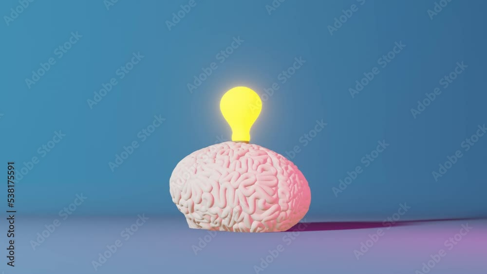 Human brain yellow light bulb neon background 3d animation. Creative ...