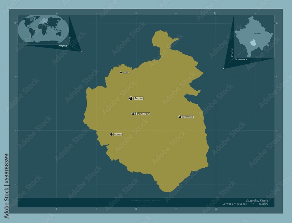 ภาพประกอบสต็อก Suhareka, Kosovo. Solid. Labelled points of cities ภาพ ...