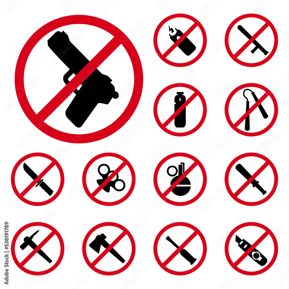 No weapons or dangerous items vector set, red round prohibitory signs ...