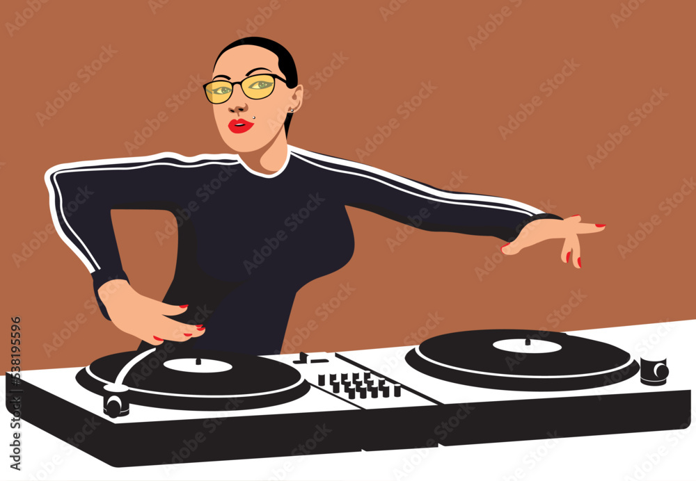 Dj in club. Young girl teen cartoon character standing and making ...