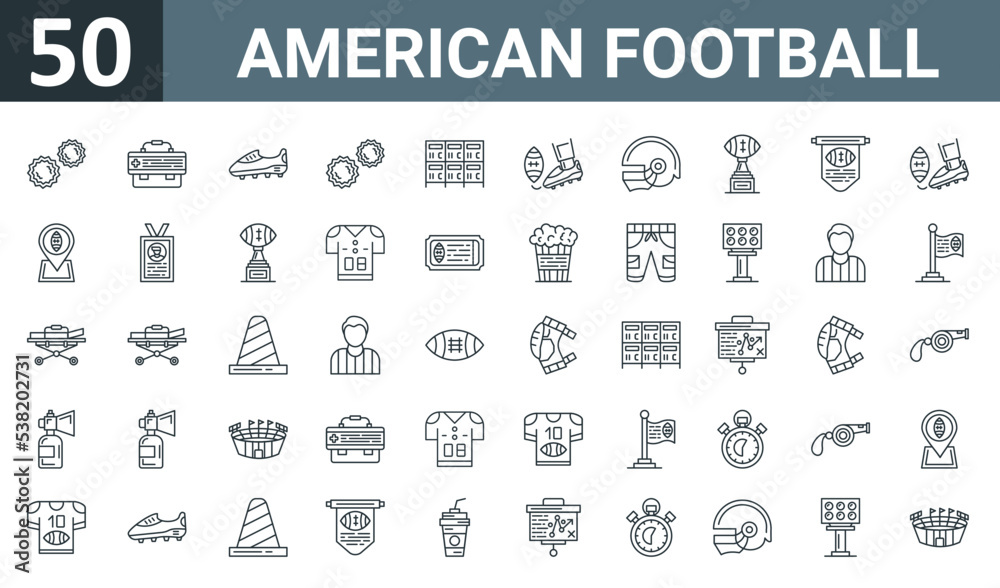 set of 50 outline web american football icons such as pom pom, first ...
