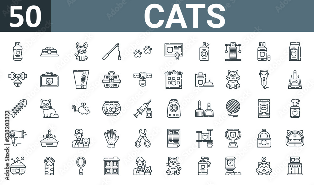set of 50 outline web cats icons such as shampoo, feeder, cat, cat toy ...