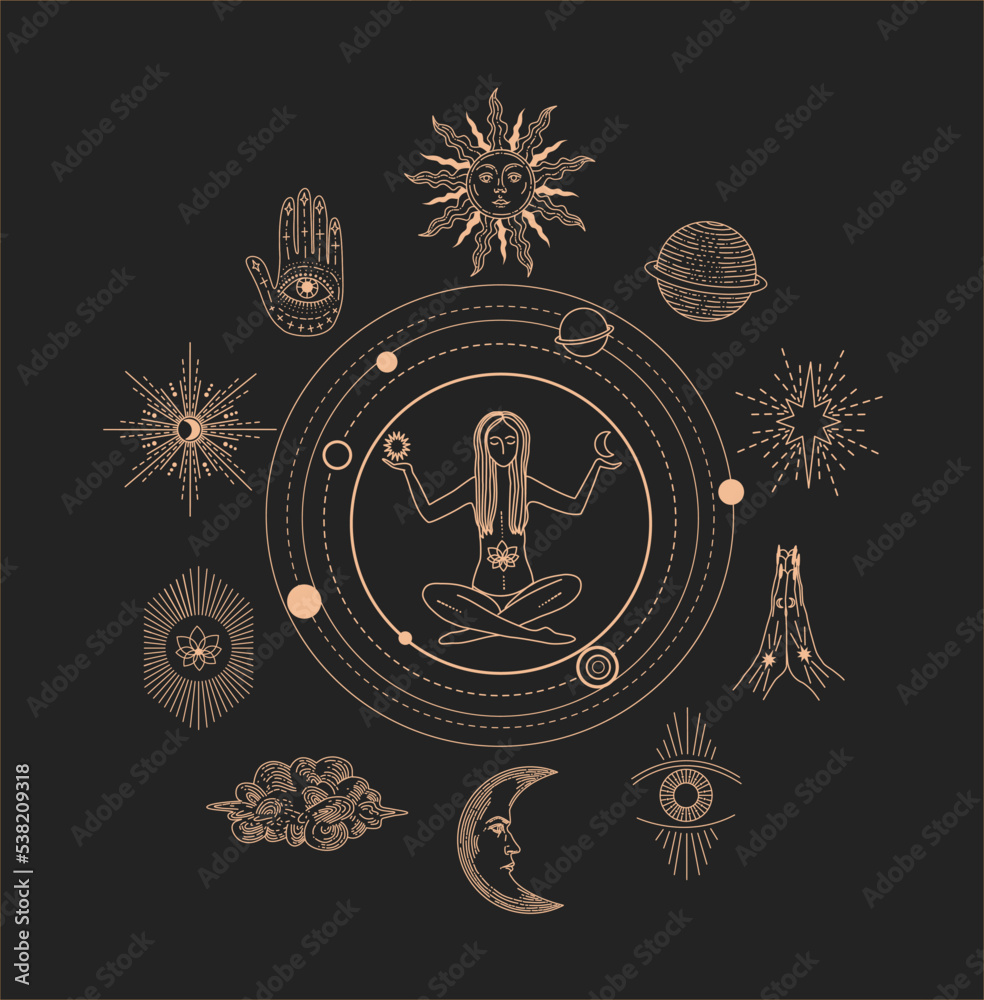 Set of linear vector illustrations. Hand drawn celestial illustrations ...