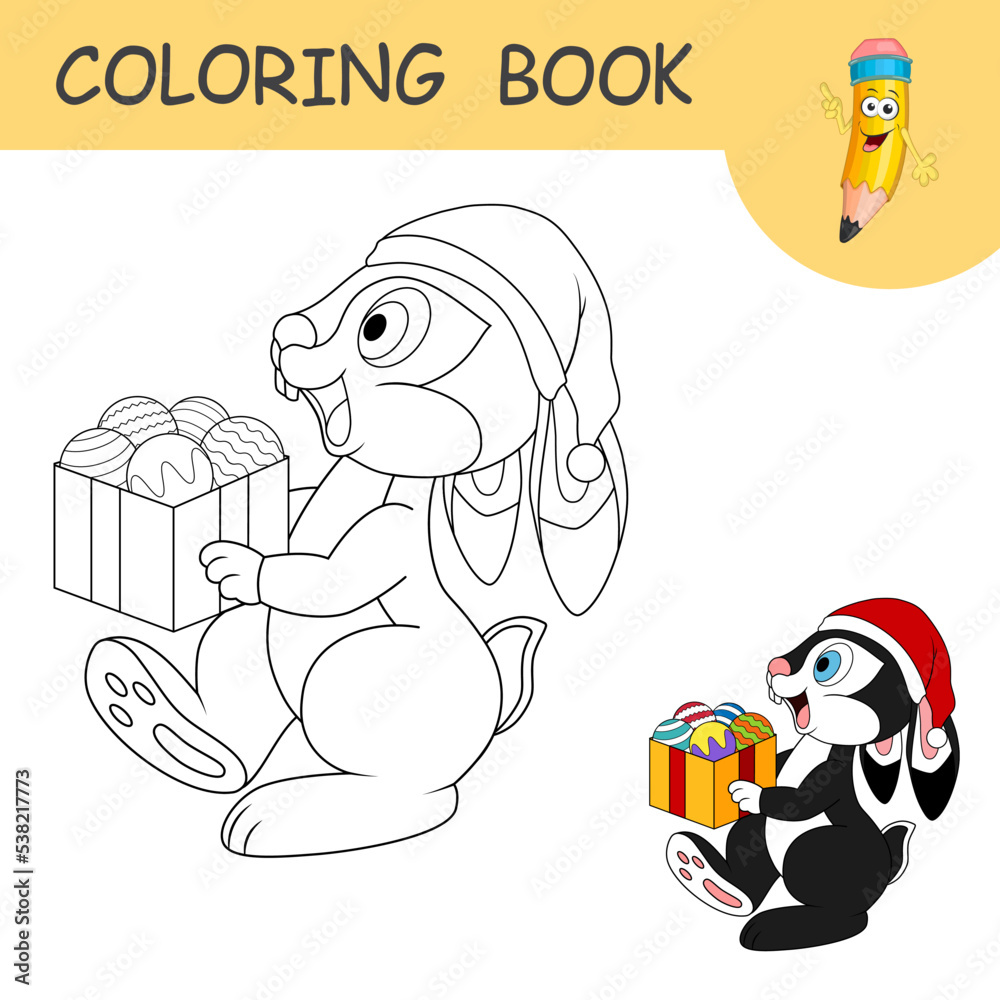 Coloring book with cartoon rabbit carries full box of New Year's toys ...