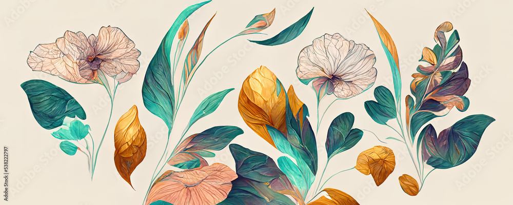 Spectacular pastel template of flower designs with leaves and petals ...