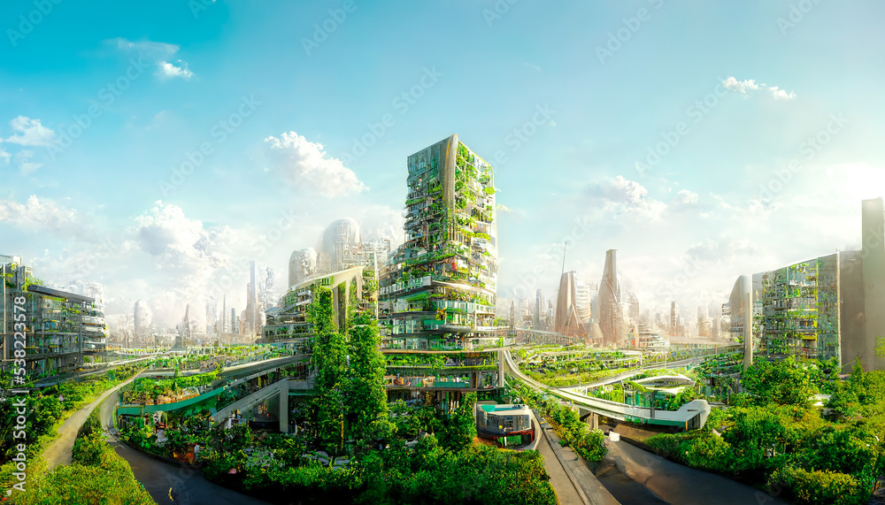 Spectacular eco-futuristic cityscape ESG concept full with greenery ...