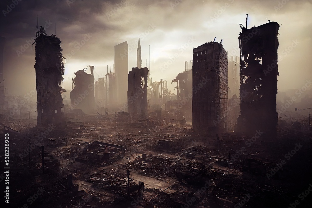 A post-apocalyptic ruined city. Destroyed buildings, destroyed roads ...