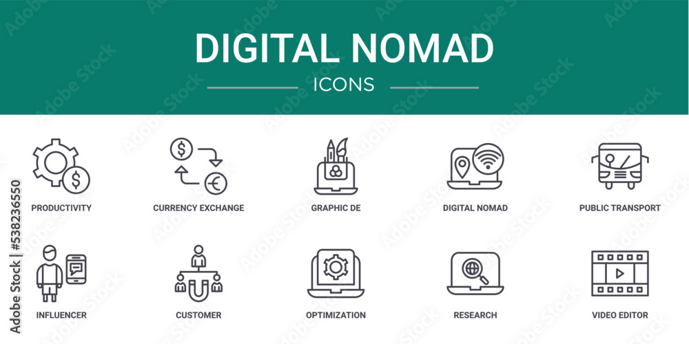 set of 10 outline web digital nomad icons such as productivity ...