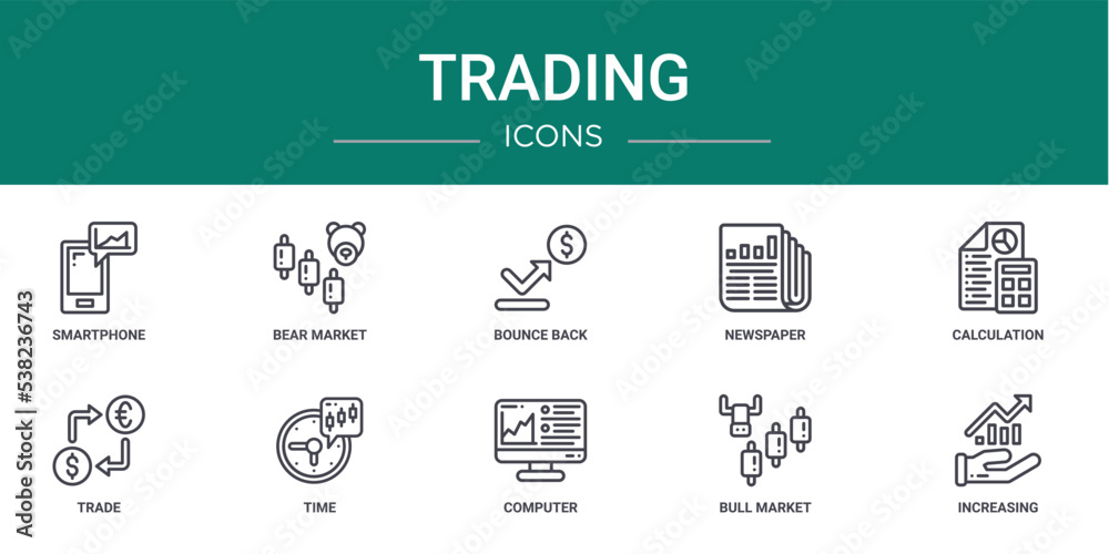 set of 10 outline web trading icons such as smartphone, bear market ...