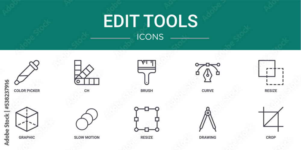 set of 10 outline web edit tools icons such as color picker, ch, brush ...