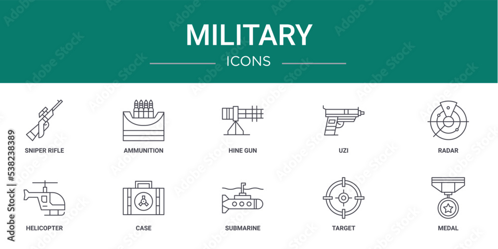 set of 10 outline web military icons such as sniper rifle, ammunition ...