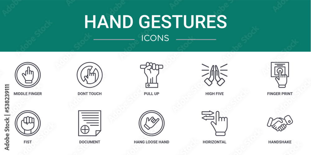 Vetor de set of 10 outline web hand gestures icons such as middle ...
