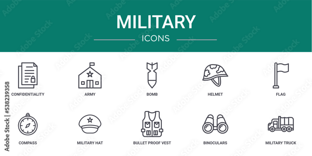 Vetor de set of 10 outline web military icons such as confidentiality ...