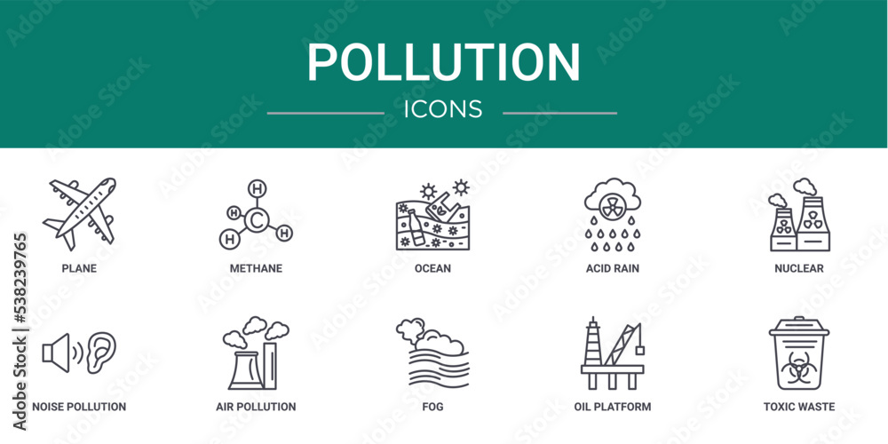 set of 10 outline web pollution icons such as plane, methane, ocean ...