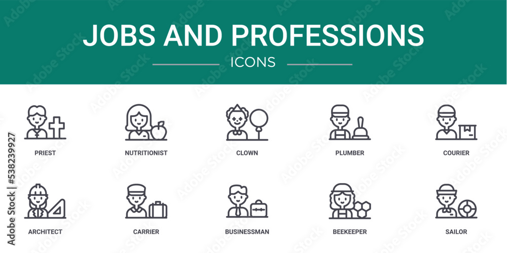 set of 10 outline web jobs and professions icons such as priest ...