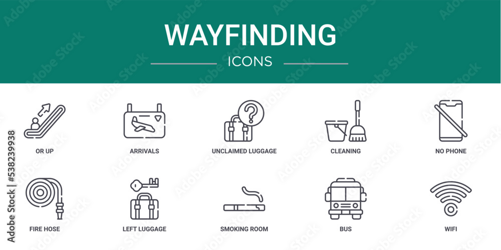set of 10 outline web wayfinding icons such as or up, arrivals ...