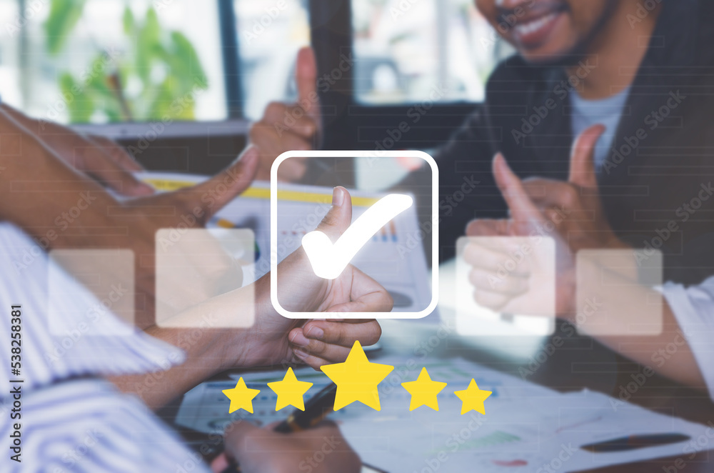 Hand shows the sign of the top service Quality assurance, Guarantee ...