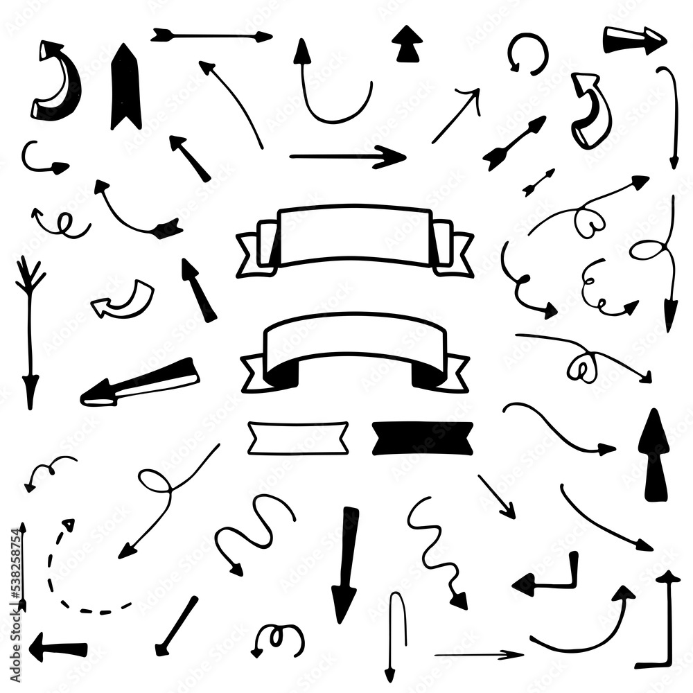 Doodle Black Arrows PNG JPG Isolated Hand Drawn Arrow Sketch Set Stock ...