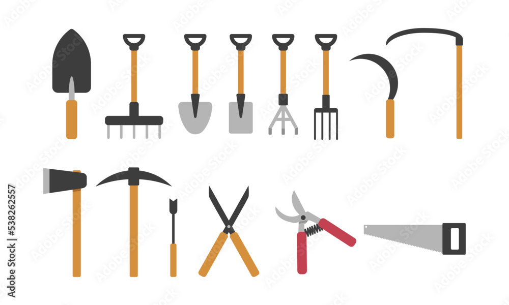 Gardening tools set icon for web. Garden items sign flat vector design ...